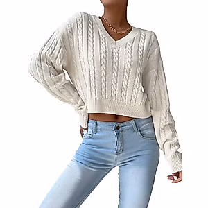 Verdusa Women's Drop Shoulder V Neck Sweater Jumper Long Sleeve Knit Pullover White S