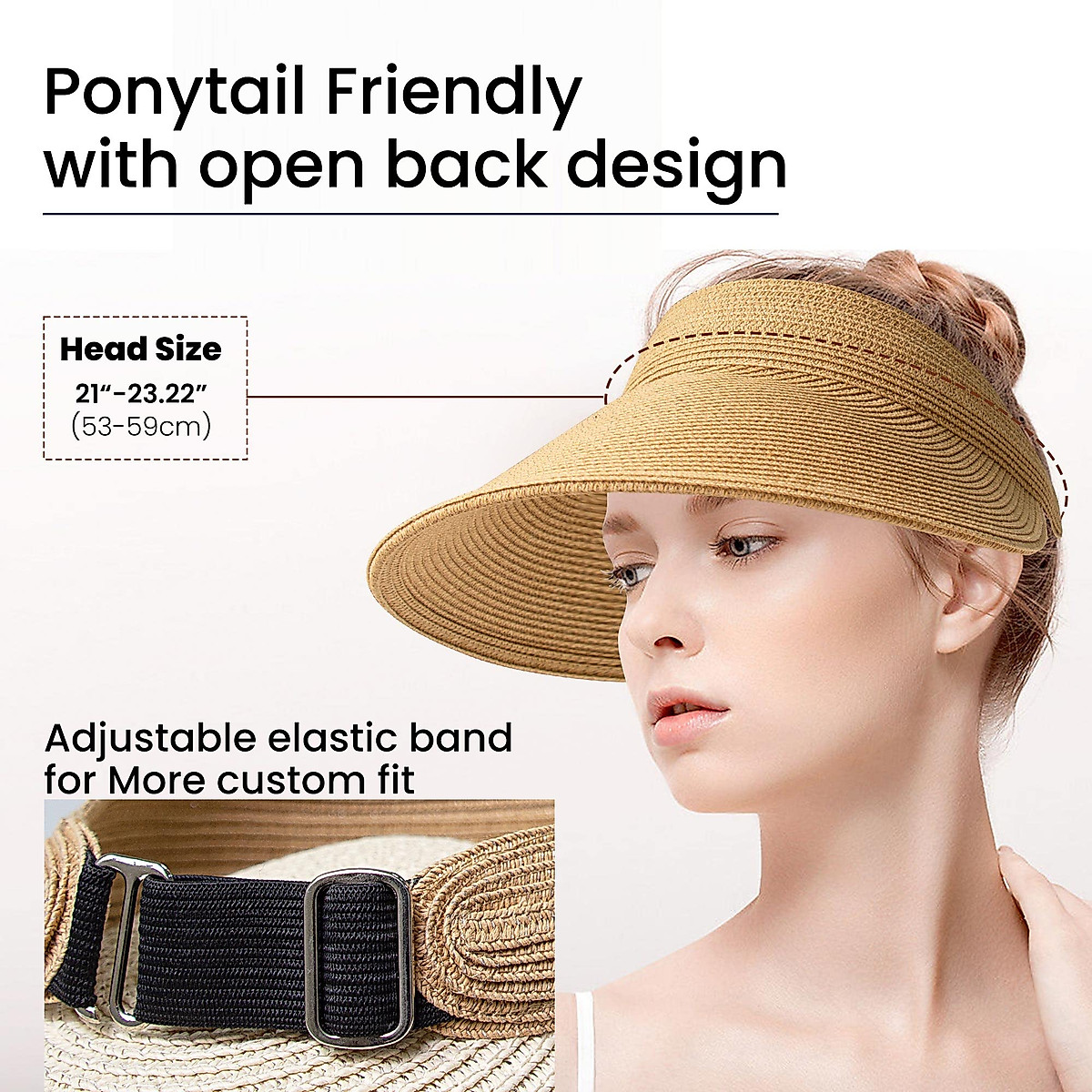 Roniky Women Straw Sun Visor Hat Wide Brim Summer UV Protection Ponytail Visor Beach Cap Foldable Packable UPF 50+ Khaki