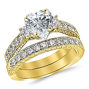 Yellow Gold Classic Channel Set Wedding Set Bridal Band & Diamond Engagement Ring with a 0.74 Carat Heart Cut E Color SI2 Clarity Center Stone