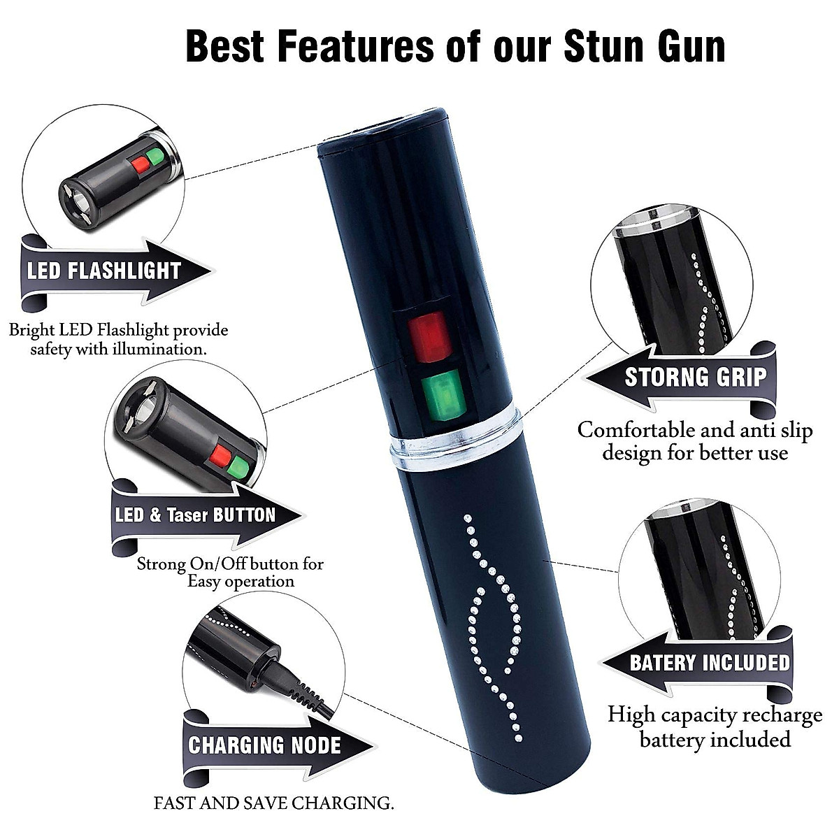 Super Heavy Duty Stun Gun for Self Defense with Bright Led Flashlight, Rechargeable Battery, Nylon Holsters with Belt Loop for Easy Cary (Black B)