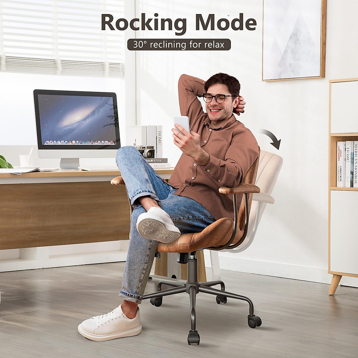 Mid Century Modren Office Chair - Fuax Leather Suede Brown Executive Chairs Ergonomic Mid Back with Lumbar Support, Swivel Computer Desk Task Chair with Wheels for Home Office,350lbs