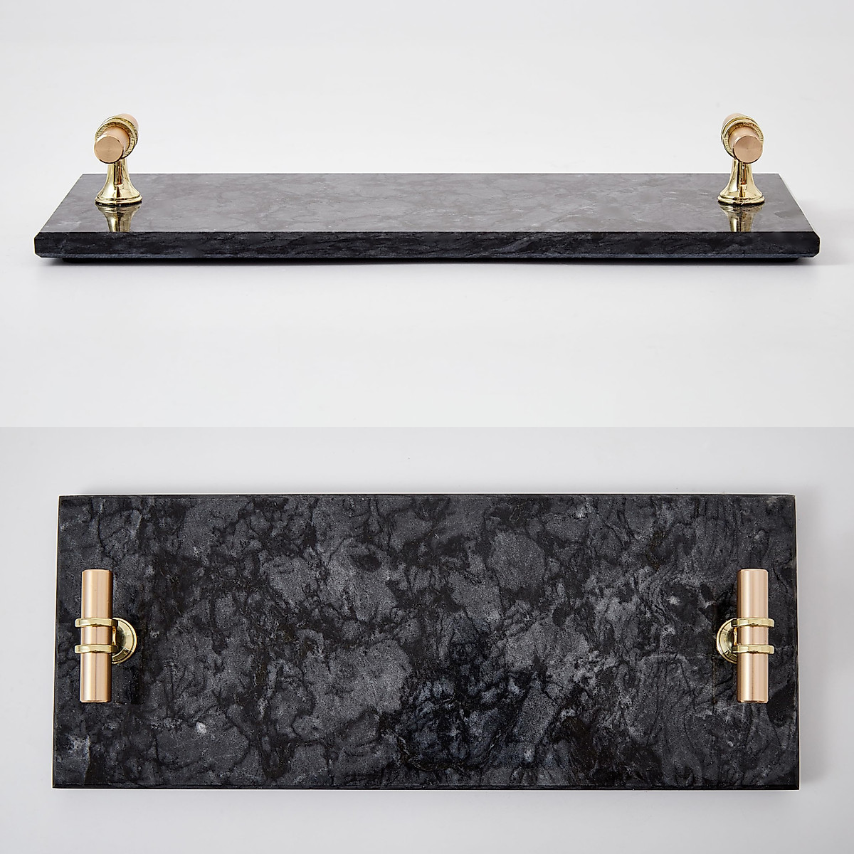 Denique Guest Towel Holder Tray for Bathroom, 12" Marble Bathroom Tray, Paper Napkin Holder Hand Towel Tray for Bathroom, Countertop Organizer Vanity Tray Decorative Tray with Gold Handles (Gray)