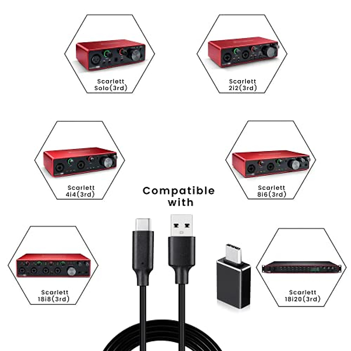 Type C to USB Cable Compatible with Focusrite Scarlett Solo(3rd Gen), Scarlett 2i2(3rd Gen) USB Audio Interface, with USB C Male to USB Female Adapter, 6.6 ft