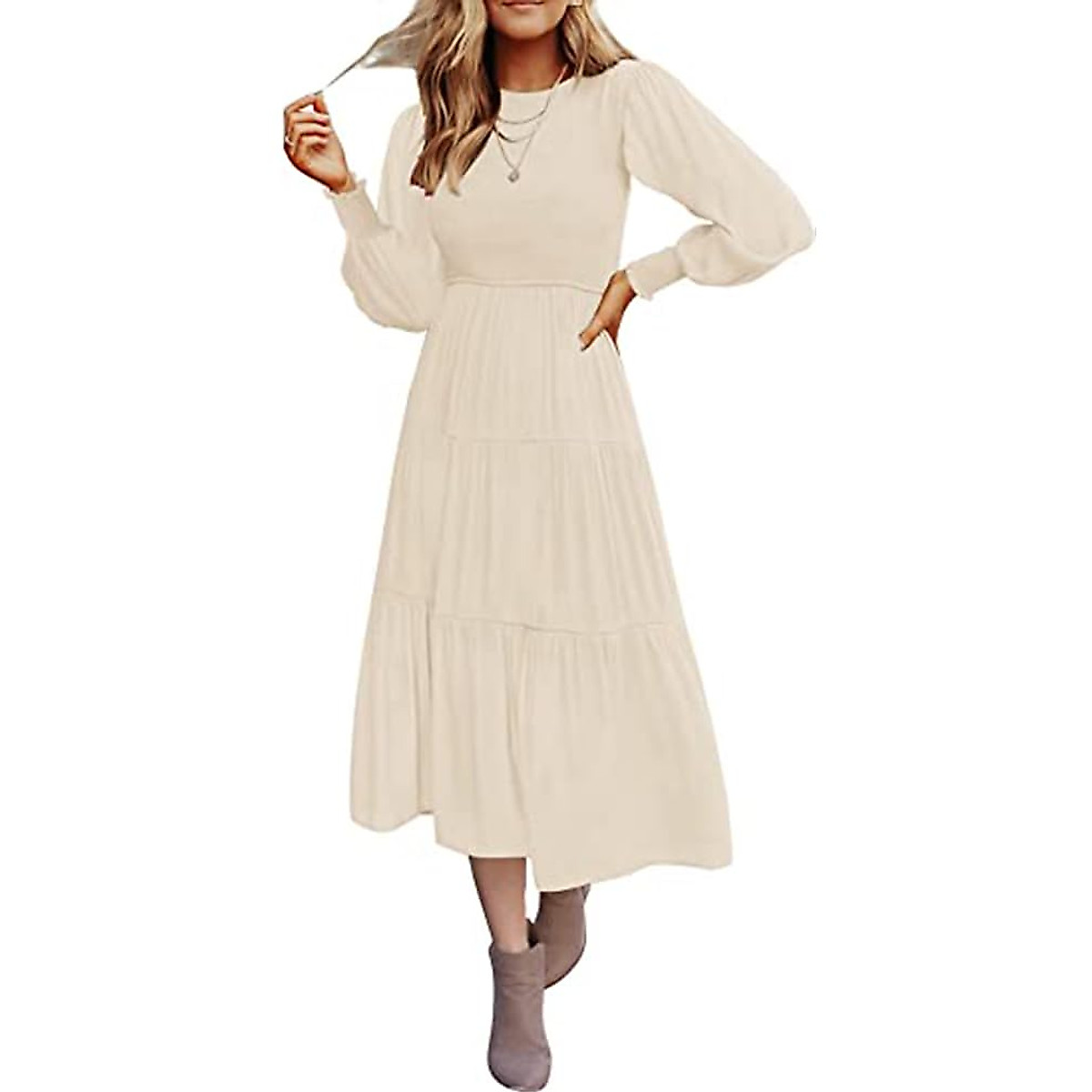 ZOOMOON Women’s Smocked Puff Sleeve Dress 2025 Fall Winter Crewneck Tiered Midi Flowy Dresses(Beige,XL)