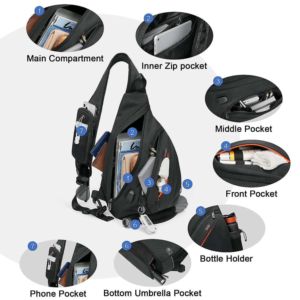 TUDEQU Sling Bag Crossbody Sling Backpack with USB Charging Port, Water Resistant Shoulder Bag Outdoor Travel Hiking Daypack with Wet Pocket Men Women