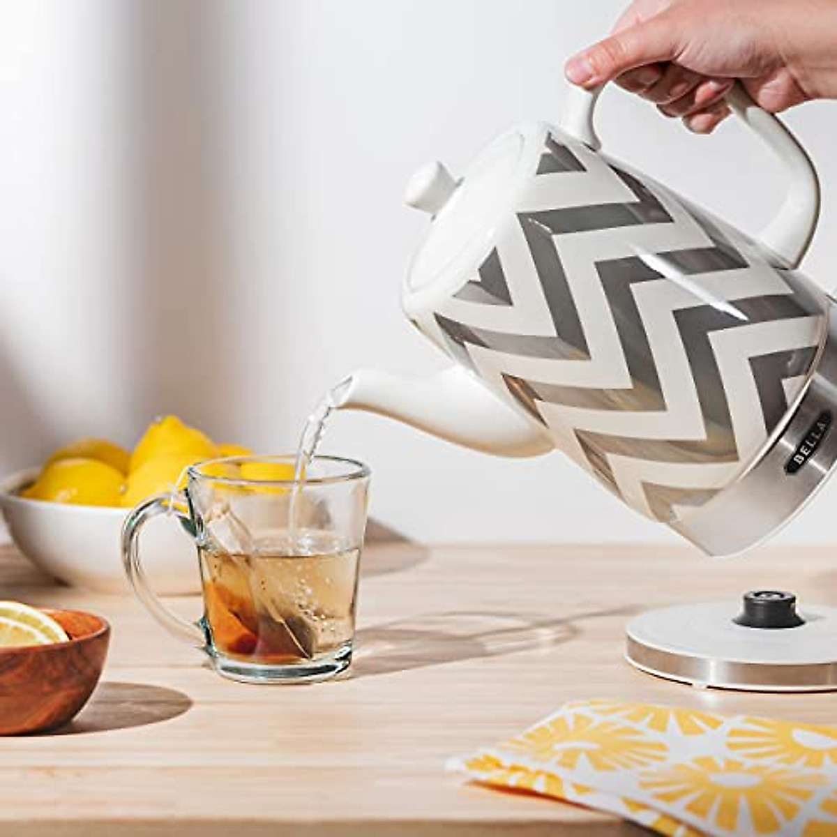 BELLA Electric Kettle & Tea Pot - Ceramic Water Heater with Detachable Swivel Base, Auto Shut Off & Boil Dry Protection, 1.5 Liter, Silver Chevron