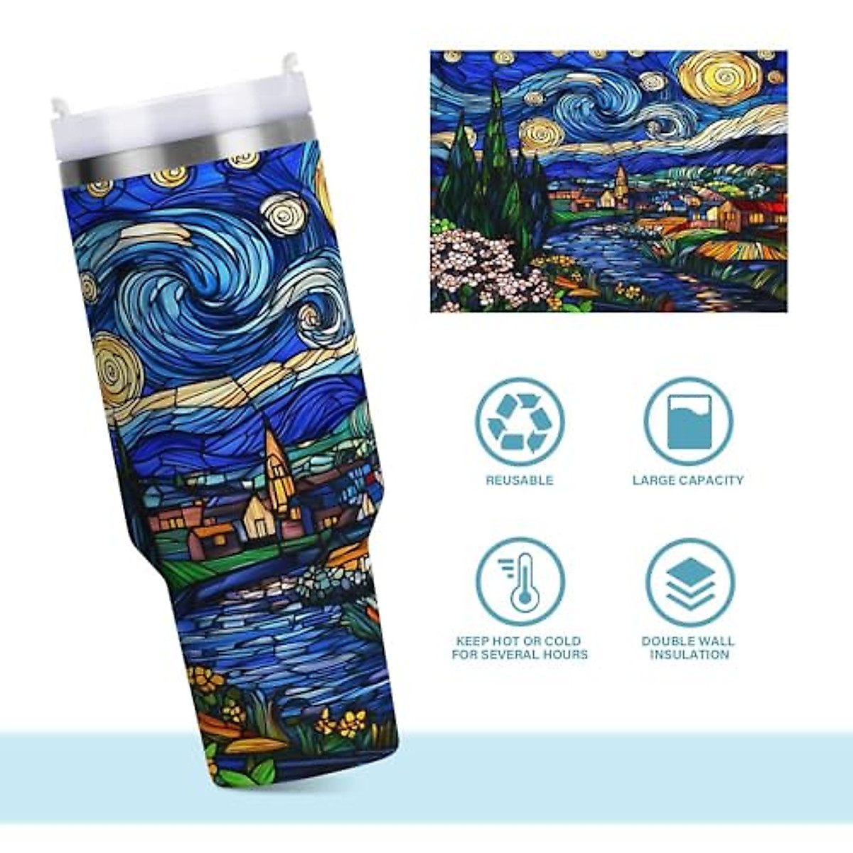 RPLIFE Village River Mountain Starry Sight Style Stainless Steel Tumbler, Insulated Cup with Straw, Coffee Tumbler for Women