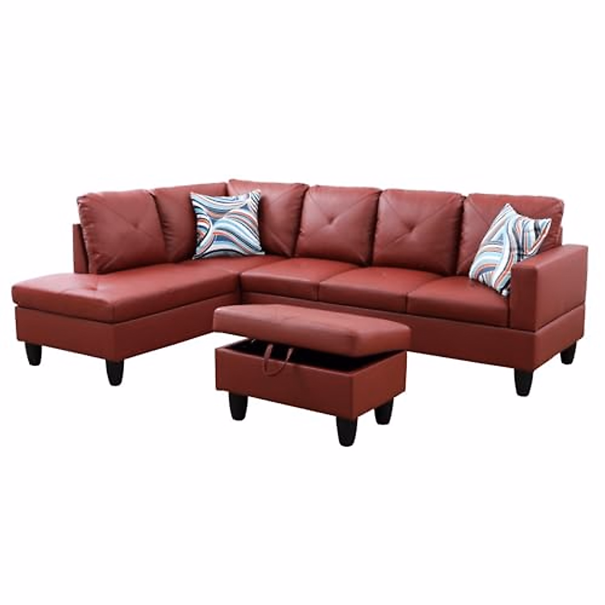 NOTOP 3-Piece Faux Leather Sectional Sofas, Button Tufted Upholstered Couch Set with Left Chaise Longue and Storage Ottoman, for Living Room, Home, Office, Red