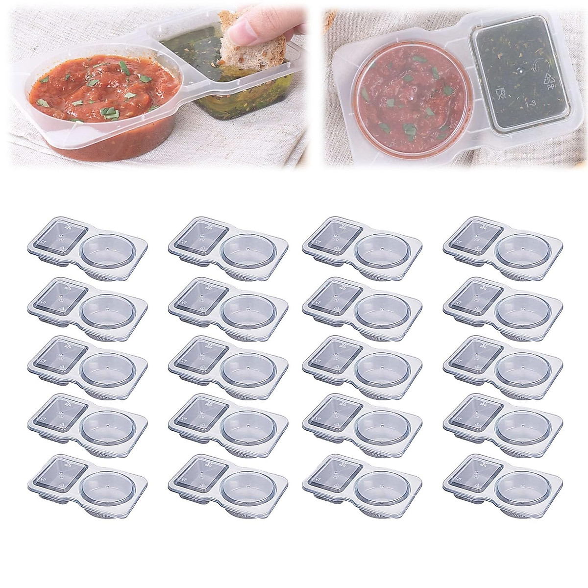 Double Compartment Condiment Container, 4.4oz Double Snack Containers With Lids, Portable Reusable Sauce Container, for to go Sauce, Sampling, Travel Snack (20PCS)