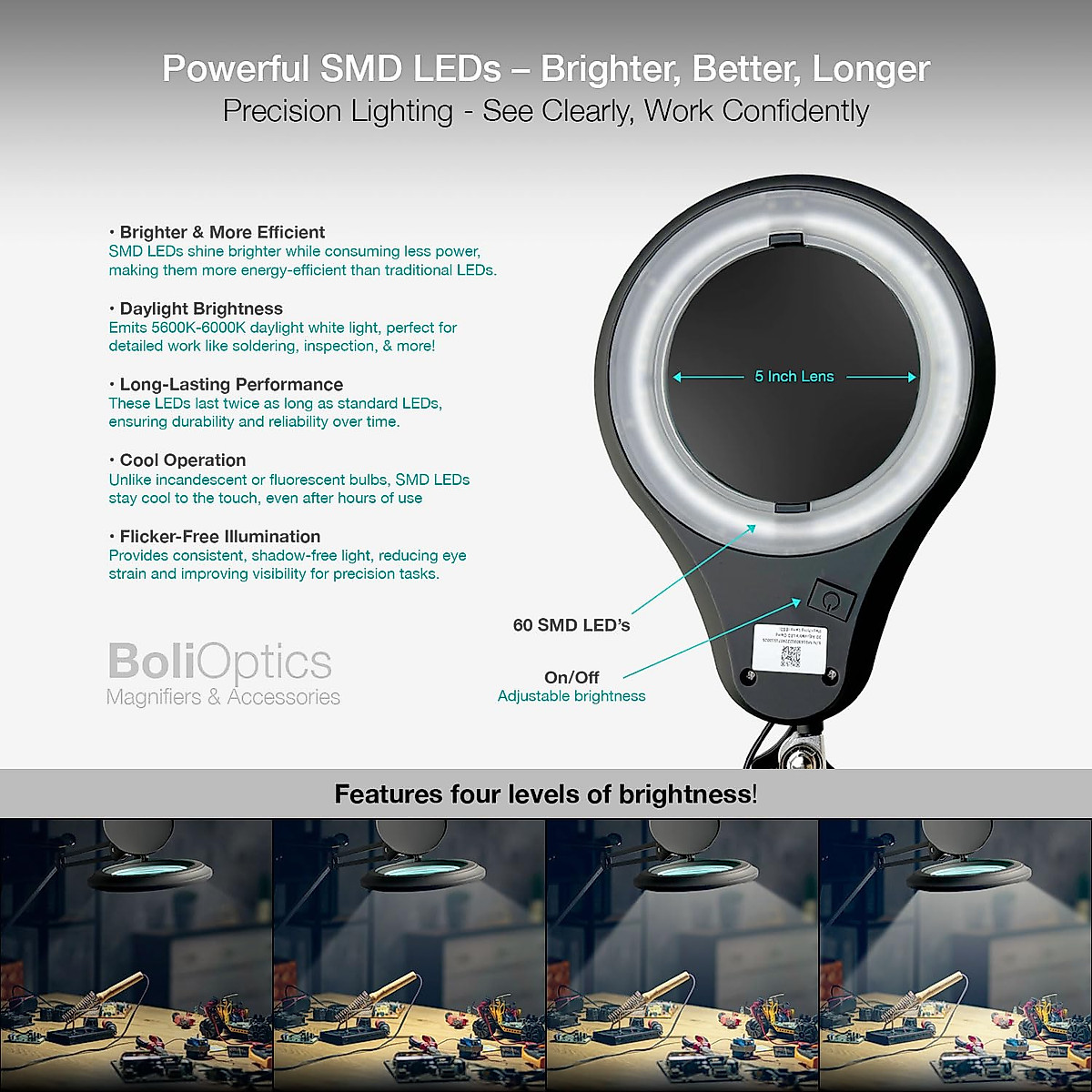 ESD Safe (Glass Lens) Professional LED Magnifying Lamp with Clamp (3 Diopter, 1.75X Magnification) Dimmable Work Light, Daylight Bright, 1200 Lumens 5600K-6000K, 60 SMD LEDs, BoliOptics MG16303222