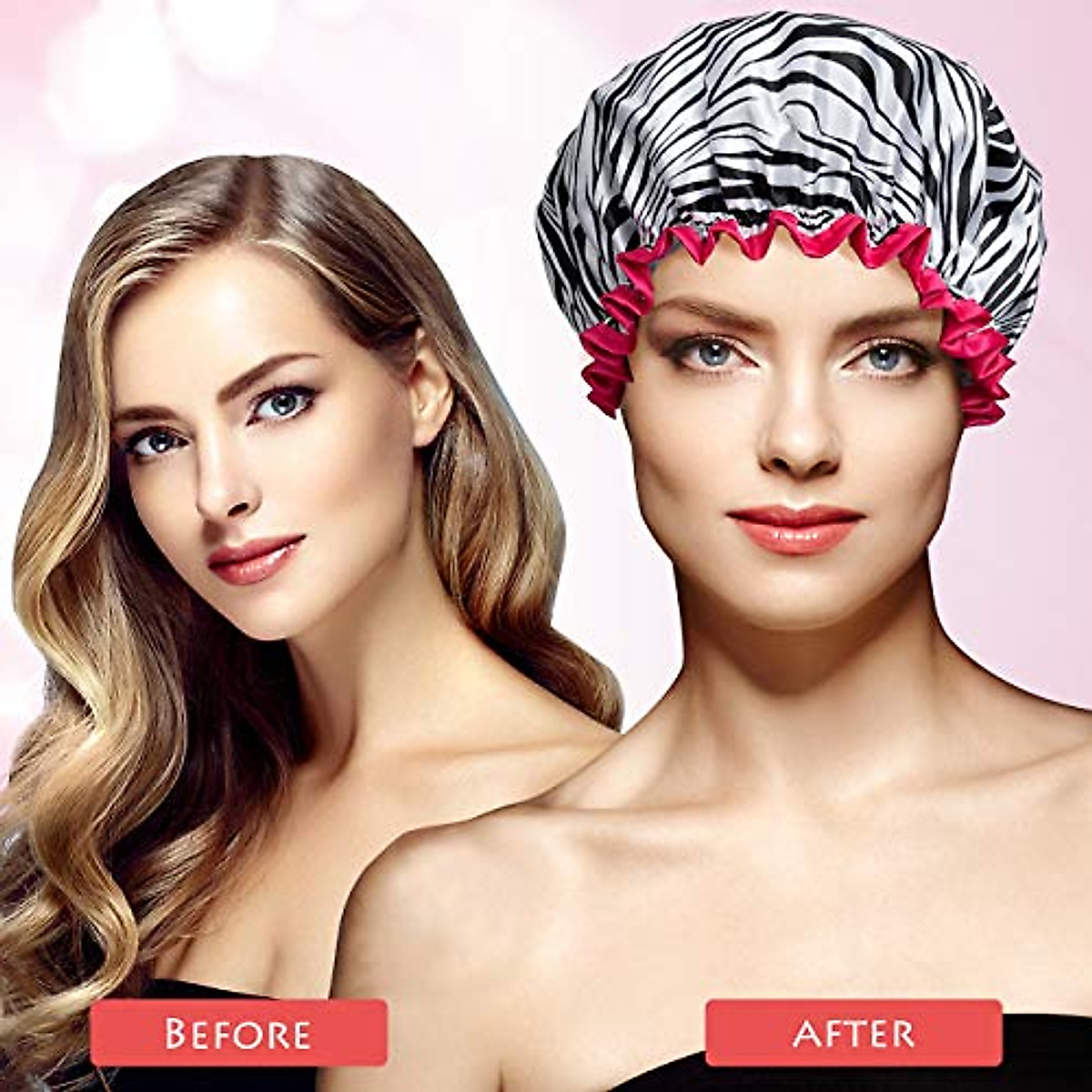 POPCHOSE Shower Cap, Large Shower Caps for Women Long Hair, Reusable Double Layer Waterproof Shower Hair Bath Cap, Stylish Satin Hair Bonnet, Soft Comfortable EVA Lined Shower Hat for All Hair Length