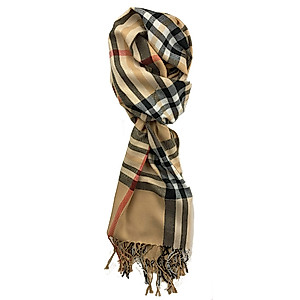 Plum Feathers Luxurious Classic Plaid Pattern Pashmina Scarf (Camel)