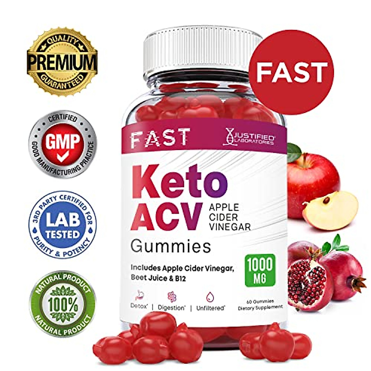 Justified Laboratories (2 Pack) Fast Keto ACV Gummies 1000MG with Pomegranate Juice Beet Root B12 120 Gummys
