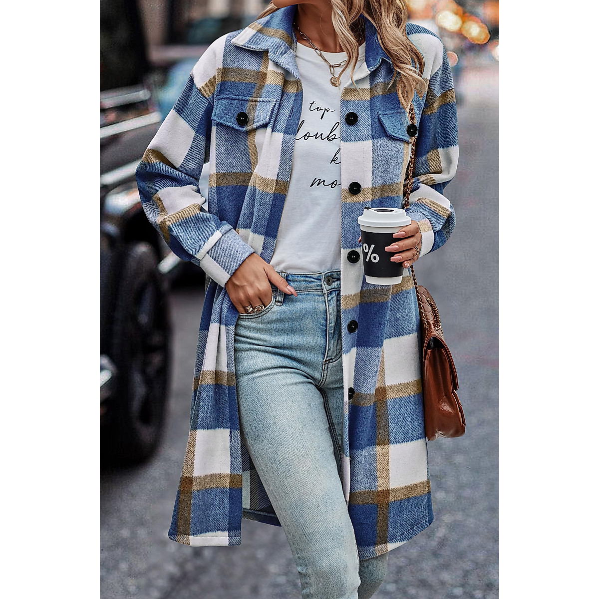 PRETTYGARDEN Women's Plaid Shacket 2025 Long Sleeve Button Up Flannel Shirt Winter Tartan Jacket Woolen Coats (Plaid Blue White,Medium)