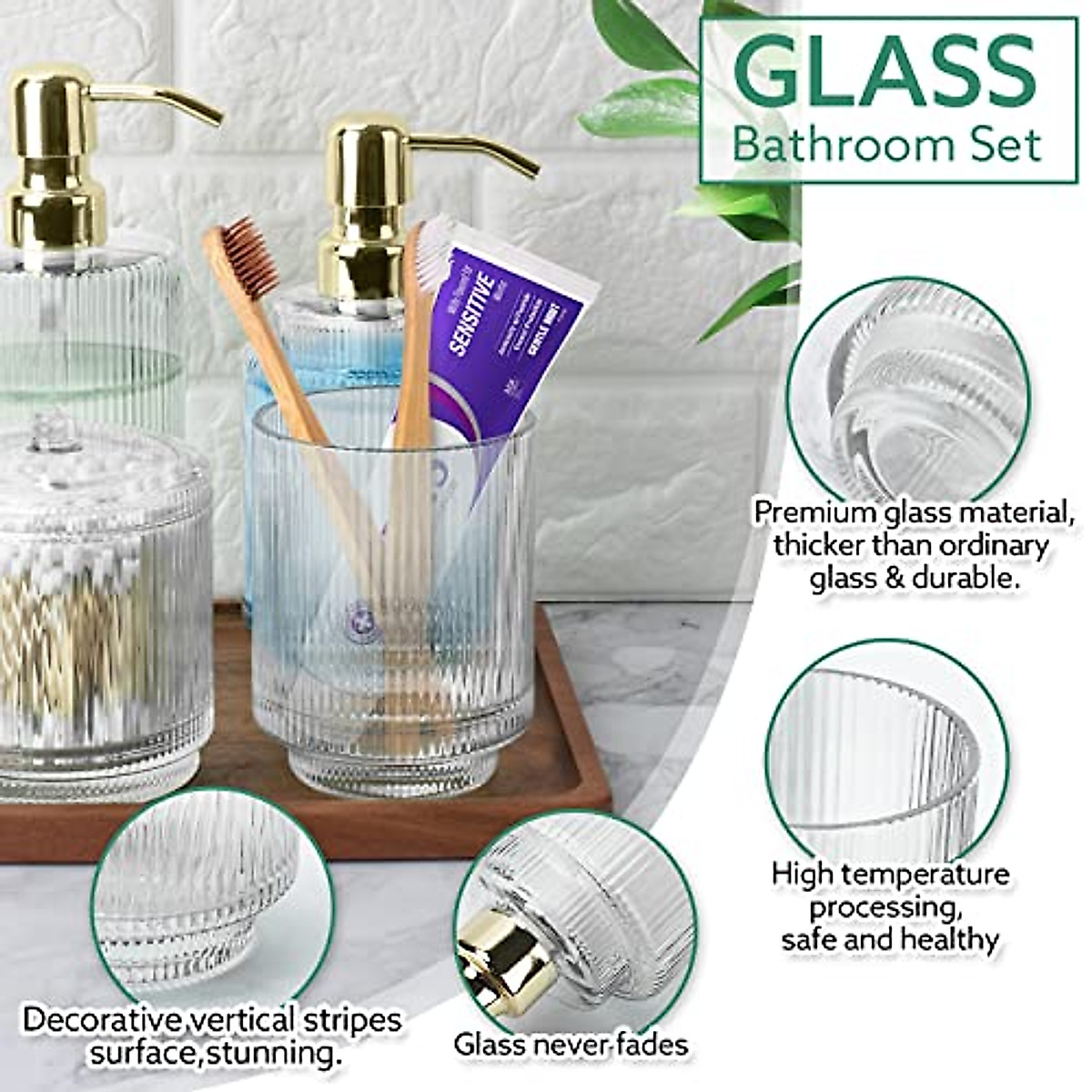Bathroom Accessory Set,5 PCS Modern Premium Clear Glass Bath Accessories,Set of 2 Lotion Soap Dispenser,Toothbrush Holder,Qtip Holder & Acacia Wooden Tray,Gift for Home Decor & Countertop Organizer