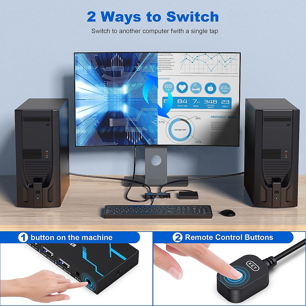 DiamondTiger KVM Switch DisplayPort - DP KVM Switch for 1 Monitor 2 Computers to Share Mouse, Keyboard, Printer, USB 2.0 Device and Ultra HD Monitor, Support 4K 60fps. Display Port Cable Included