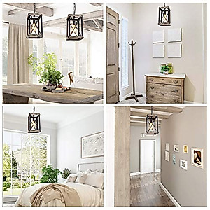 LNC Farmhouse Pendant Lighting Fixture Rustic Wood Cage Chandelier for Kitchen Island, Entryway, Foyer, Living and Dining Room, Brown, Rectangle