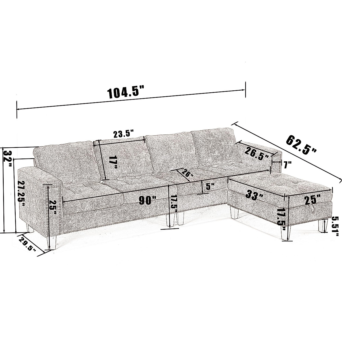 Ball & Cast 104.5" L Shaped Sectional Couch with Storage Ottoman, Chenille Upholstered 5 Seat Modular Sofa with Reversible Chaise for Living Room, Easy Assembly, Gray