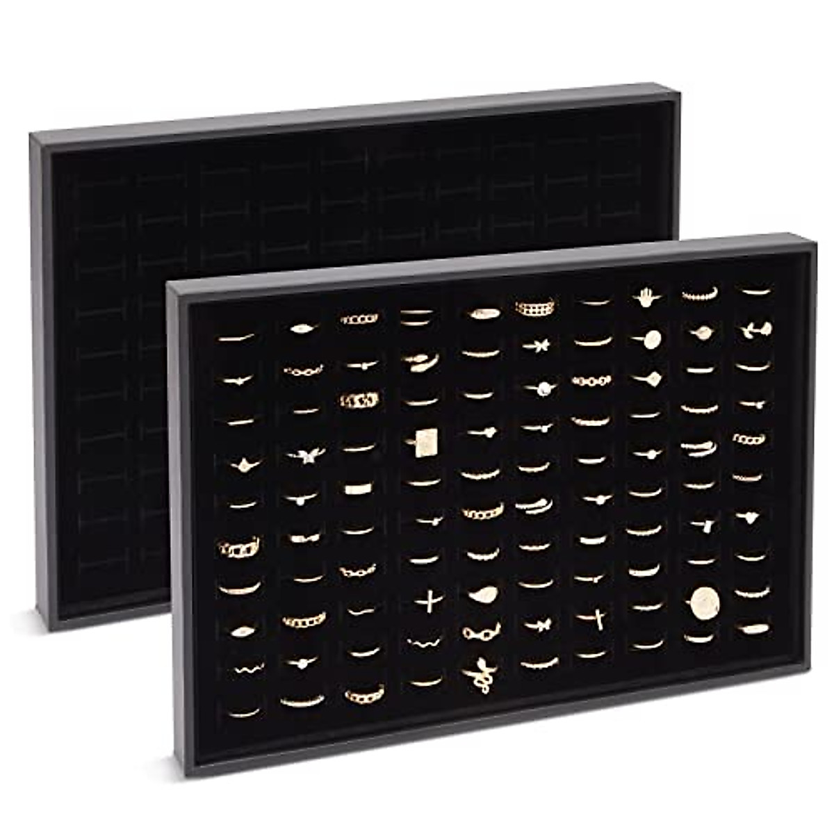 2 Pack Ring Display Tray Velvet, 100 Slot Foam Jewelry Organizer for Storage (13.8x9.5 x1.3 in)