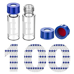 Membrane Solutions Autosampler Vials, 2ml HPLC Vials, 9-425 Lab Clear Vials with Write-on Spot and Graduations, 9mm Blue ABS Screw Caps & Septa for GC Sample Vials, 100 Pcs