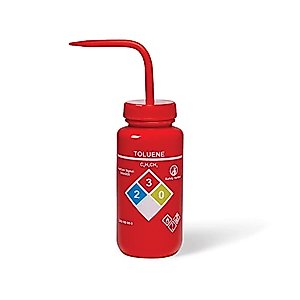 United Scientific™ UniSafe™ Laboratory Grade Wide Mouth LDPE Vented Chemical Wash Bottle, Toluene, 500mL (16oz), 4-Color, Pack of 6