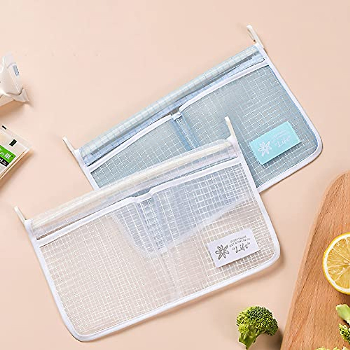brandname Lanebudd Refrigerator Storage Mesh Bag Hanging Home Kitchen Classification Storage Bag Double Compartment Refrigerator Storage Hanging Bag 2 Pcs,White Blue,Large