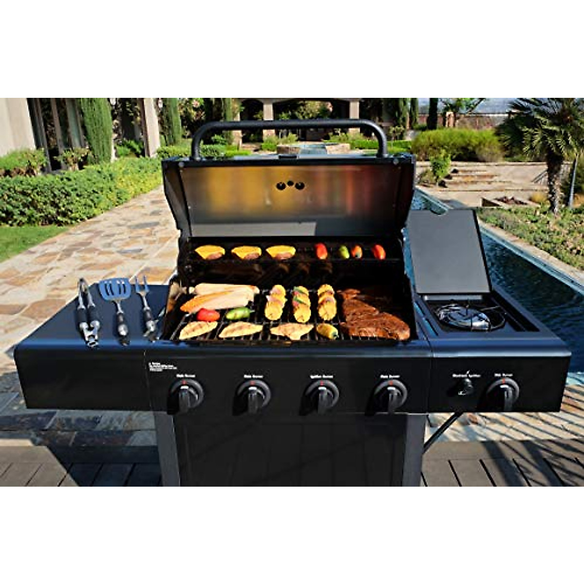 Kenmore PG-A40406S0L-1 BBQ Grill | 4-Burner Outdoor Barbecue Liquid Propane BBQ Gas Grill with Side Burner and Side Tables, 53000 BTU, Open Cart, Black