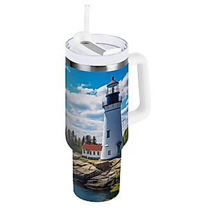 Flradish Lighthouse 30oz Tumbler with Handle and Straw Lid,Leakproof Vacuum Insulated Reusable Stainless Steel Tumbler Travel Mug Fits Cup Holder