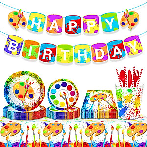 XINDE 2Pcs Art Paint Party Tablecloths Art Birthday Party Supplies Vibrant Stains of Watercolor Paint Splatters Brushstrokes Dripping Liquid Table Cover Ideal Art Birthday/Paint Party, 54 x 87 Inch