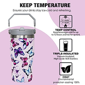 Hachishun Butterfly Tumbler with Handle, Stainless Steel Vacuum Insulated Flip Straw 20 oz Pink Butterfly Tumbler Spill Proof Coffee Travel Mug Butterfly Gifts for Women