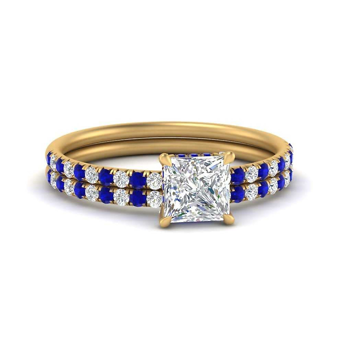 Jewelryonclick Princess Cut Hidden Halo Wedding Rings Yellow Gold Plated Created Blue Sapphire Princess Shape Blue Color Wedding Ring Sets Halo Setting in Size 7 Fashion Jewelry