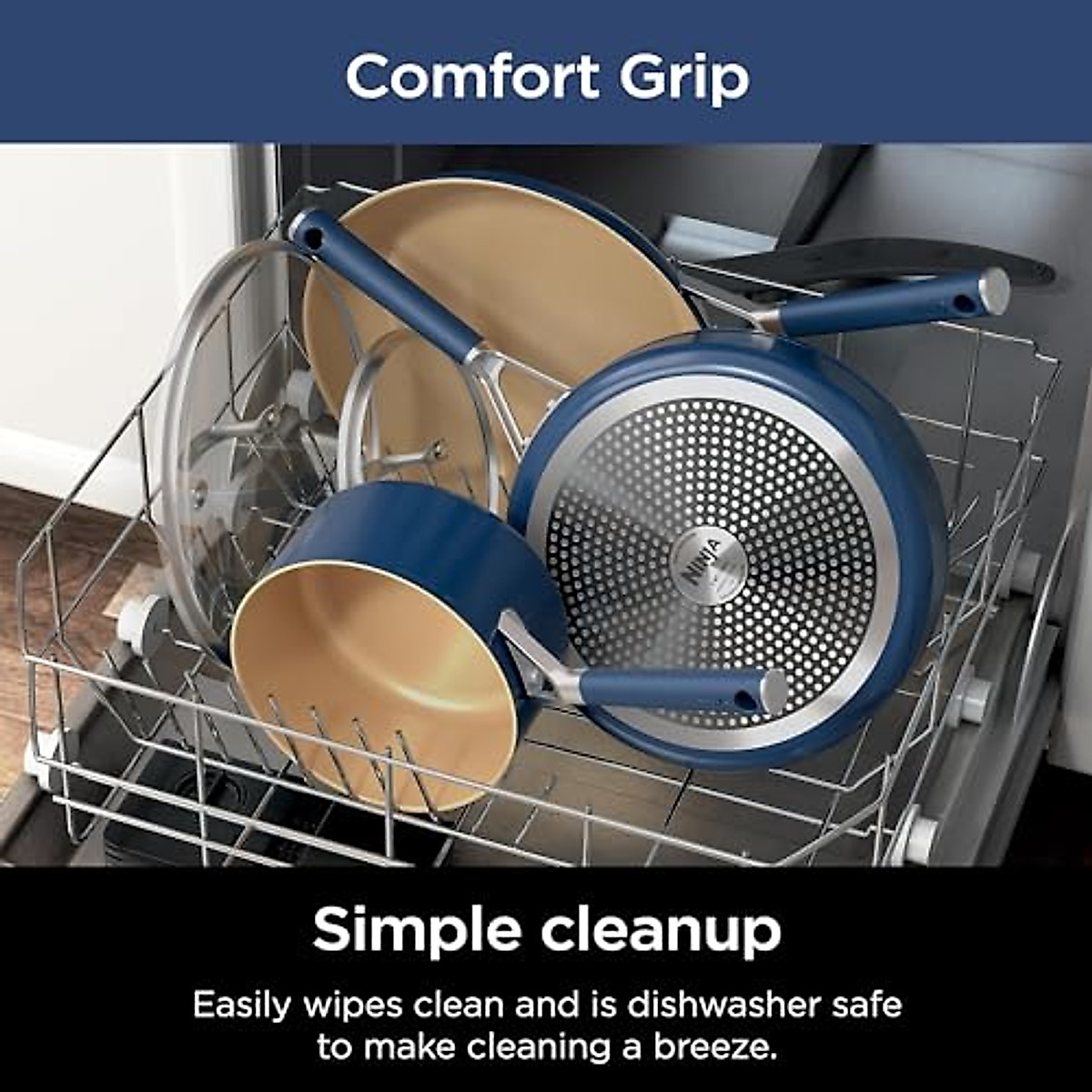 Ninja CW49011 Extended Life Ceramic 11-Piece Cookware Set with Comfort Grip, Nonstick Fry Pans, Pots, PFAS Free, Oven Safe, Dishwasher Safe, All Stovetops & Induction Compatible, Navy Blue