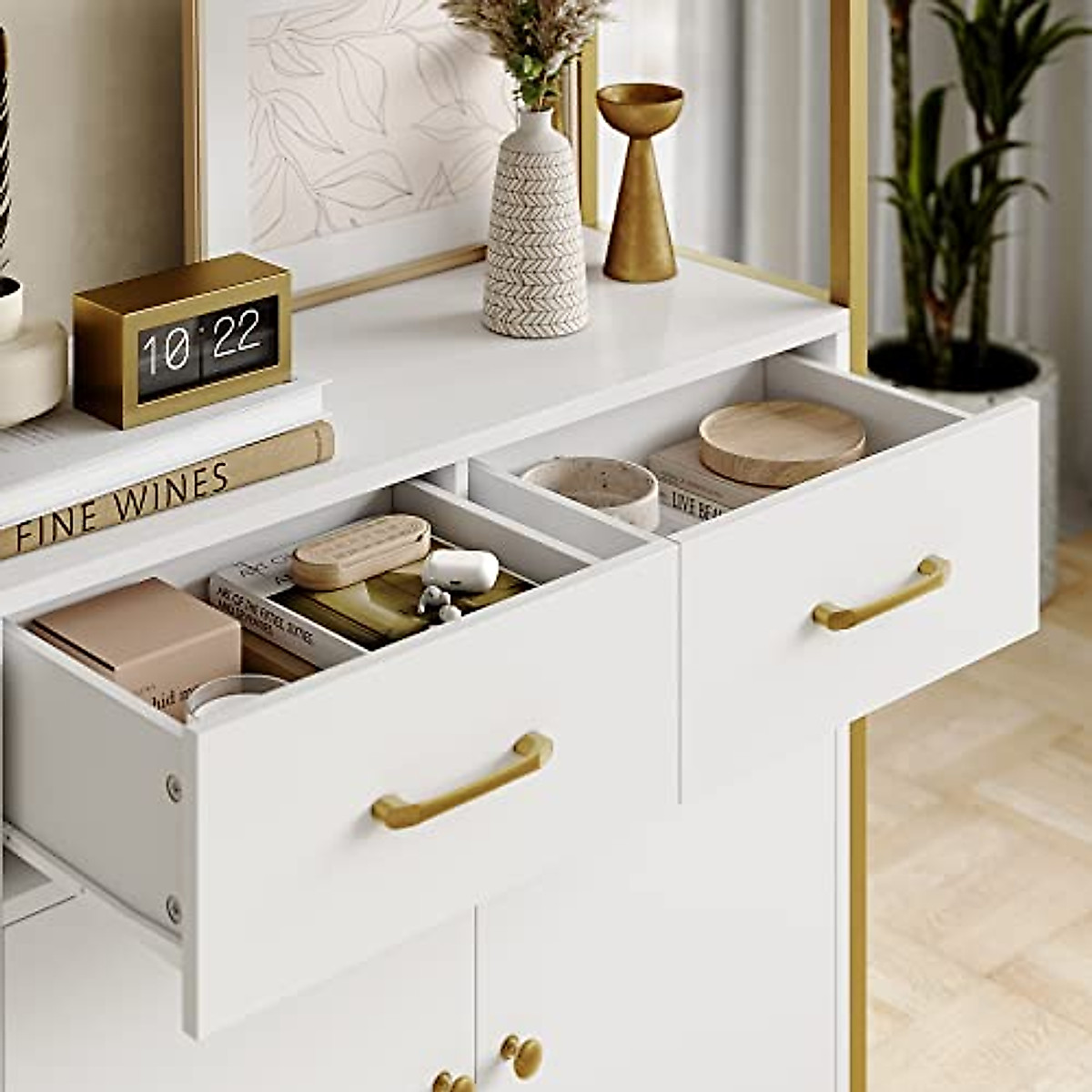 HITHOS 71" Tall Bookshelf, Modern White and Gold Bookcase, Book Shelves with Drawers and Storage Cabinet, Metal Etagere Bookcase Display Shelves for Home Office, Gold/White