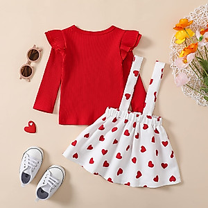 My First Valentine's Day Toddler Girls Outfits Ruffle Ribbed Long Sleeve Shirt Top Heart Print Tutu Suspenders Skirt (Red, 4-5T)