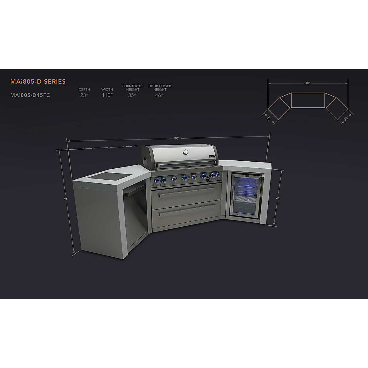 Mont Alpi 44-Inch MAi805-D45FC Deluxe 45 Degree 6-Burner 115000 BTU Stainless Steel Island Outdoor Kitchen Gas Barbecue Grill w/Lockable Compact Refrigerator Wine Cooler Beverage Center