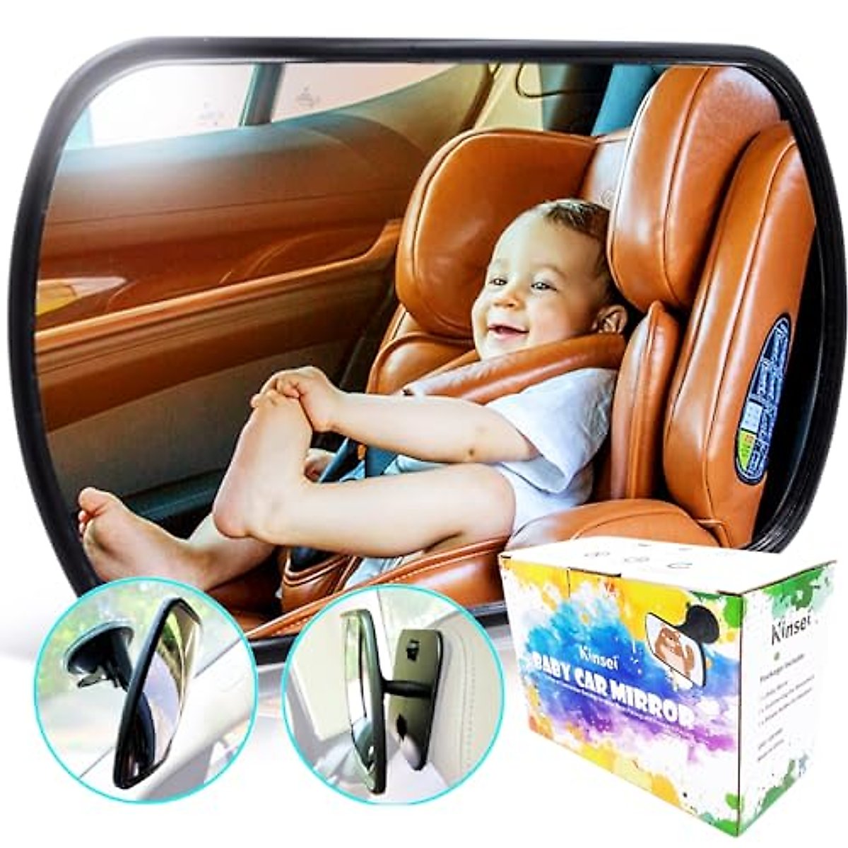 KINSEI Baby Car Mirror - Rear View Baby Car Back Seat Mirror - Child Observation Mirror Wide Convex and Shatterproof - 2 way of Connection Suitable for both Rear-facing and Forward-facing