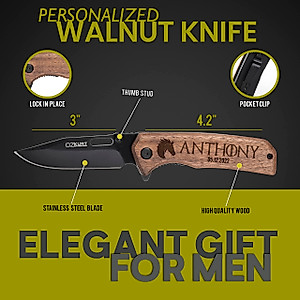 Gifts for Men, Personalized Engraved Walnut Wood Pocket Knife - 36 Icons, 13 Stylish Font - Custom Knives