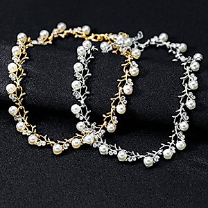 Unicra Pearl Bride Wedding Jewelry Set Crystal Bridal Necklace Bracelet Earrings Sets Rhinestone Choker Necklace Prom Costume Jewelry Set for Women and Brides (Gold)