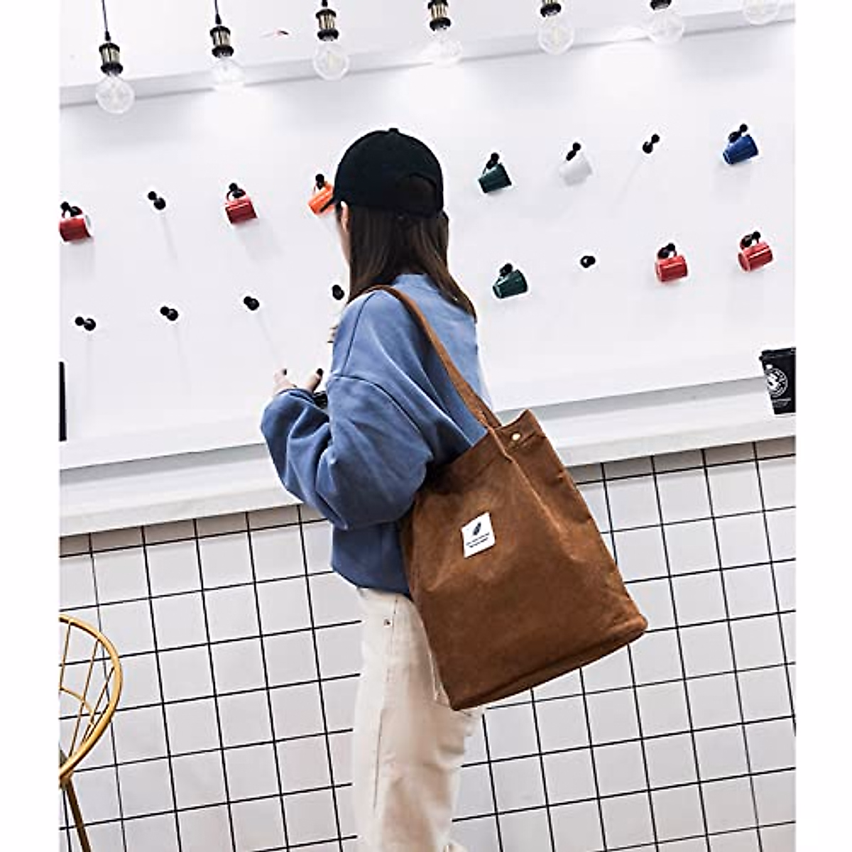 Corduroy Tote Bag Casual Shoulder Bags with Inner Pocket Pearl Bracelet Pendant Handbags Purse for Beach Shopping Travel Work for Women Girls (2PCS(Gray+Brown))