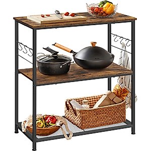 VASAGLE Bakers Rack, Kitchen Shelf, Kitchen Island, Microwave Oven Stand with 3 Open Shelves, 6 Hooks, Metal Frame, 15.7 x 31.5 x 35.4 Inches, Industrial, Rustic Brown and Black UKKI002B01