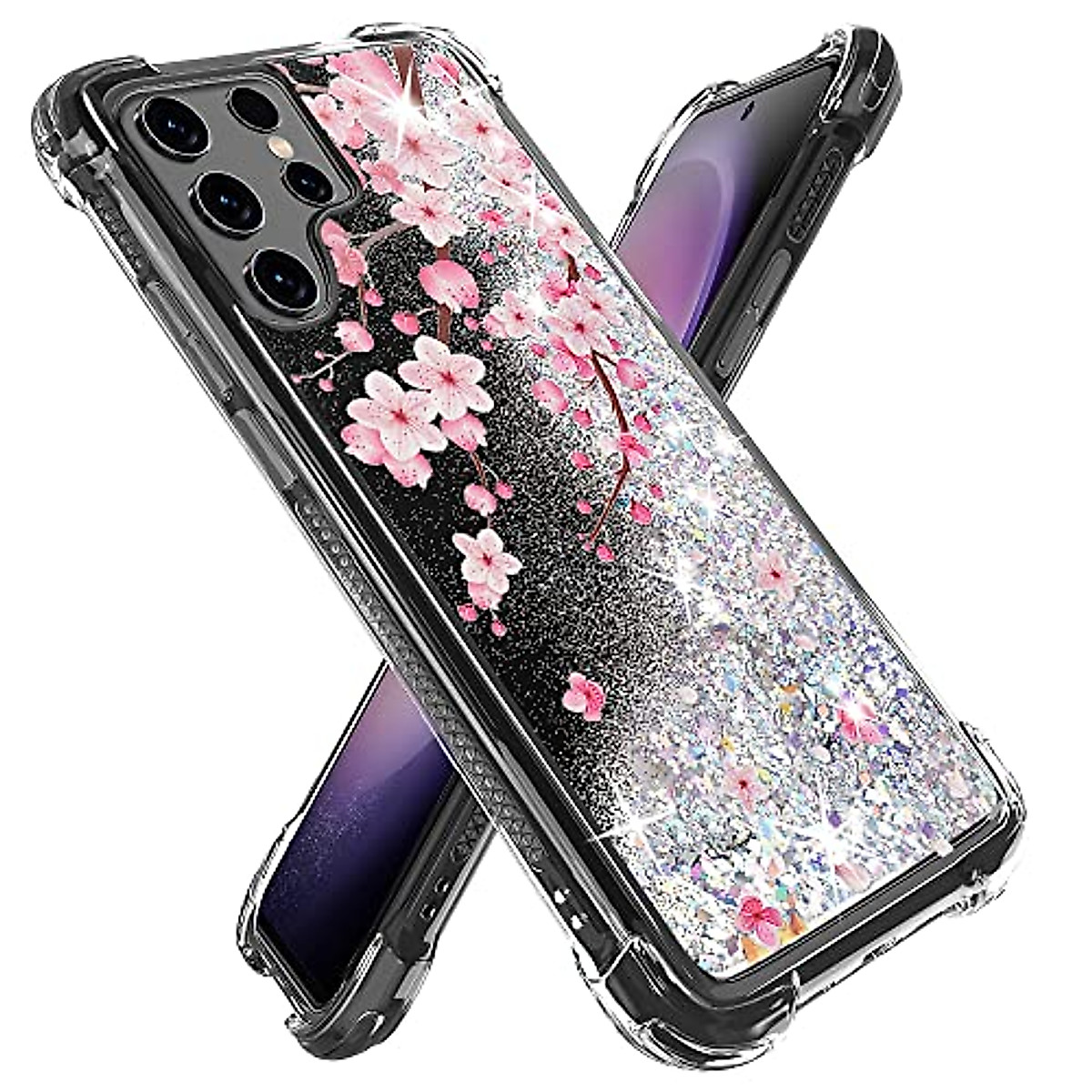 Miss Arts for Samsung Galaxy S23 Ultra Case, Girls Women Flowing Liquid Holographic Holo Glitter Shock Proof Case with Floral Design Bling Bumper for Samsung Galaxy S23 Ultra 5G- Cherry Blossom