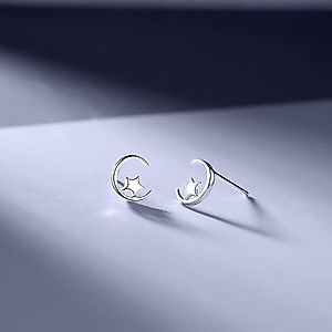 FarryDream Genuine 925 Sterling Silver Star Moon Studs Earrings for Women Christmas Gifts