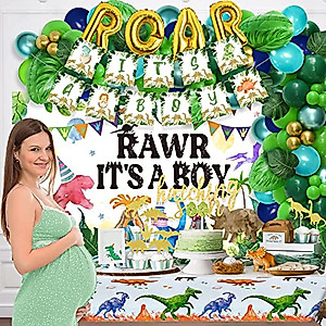 Dinosaur Baby Shower Decorations for Boy, Party Inspo Balloons Garland Arch, Table Decorations, Theme Shower, Backdrop, IT’S A BOY Banner, Hatching Soon Cake Toppers, Green