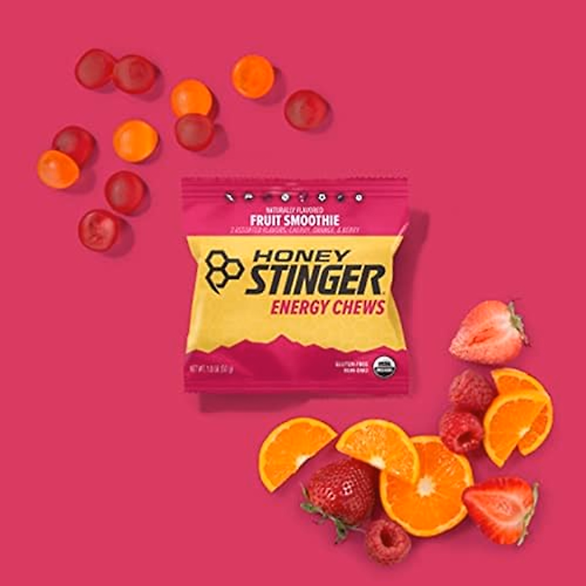 Honey Stinger Organic Fruit Smoothie Energy Chew | Gluten Free & Caffeine Free | For Exercise, Running and Performance | Sports Nutrition for Home & Gym, Pre and Mid Workout | 12 Pack, 21.6 Ounce