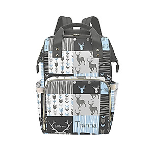 XOZOTY Deer Elk Antlers Feather Arrow Patchwork Diaper Bags with Name Waterproof Mummy Backpack Nappy Nursing Baby Bags Gifts Tote Bag for Women