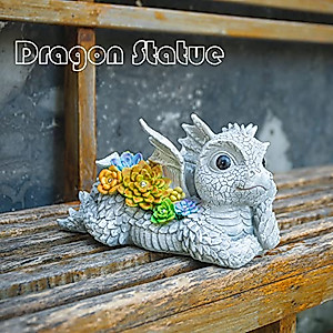Ovewios Garden Dragon Statue Outdoor Decor, Dragon Garden Sculpture Waterproof Solar LED Lights Resin Succulent Decorations for Outside Lawn Patio Patio Yard Ornament Gifts