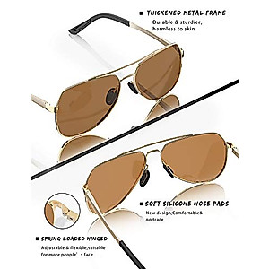 LUENX Men Women Aviator Sunglasses Polarized Shades Flexible Spring Hinge - Brown Lens Gold Metal Frame Large 60mm