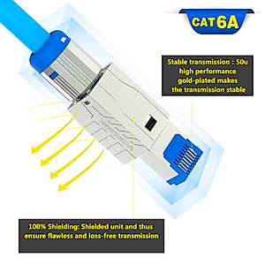 VCELINK RJ45 Cat6A Connectors Tool-Free, Zinc Alloy Shielded Ethernet Termination Plugs for 23AWG SFTP Cables, 10Gbps Easy Internet Plug, Fast Field Installation 2-Pack