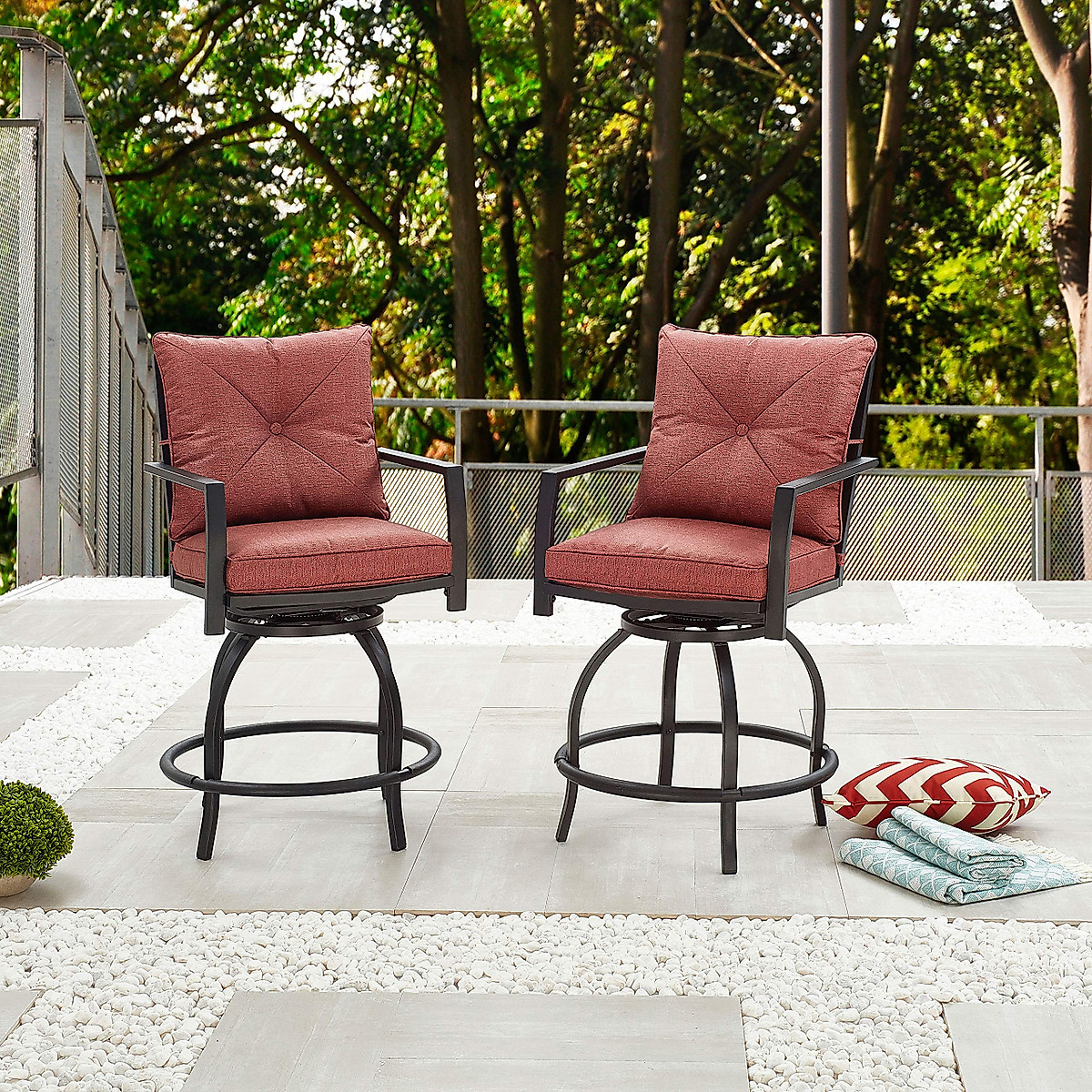 LOKATSE HOME 2 Pieces Outdoor Swivel Chair Set Patio Bar Bistro Furniture Metal Height Stools with Cushion, Red