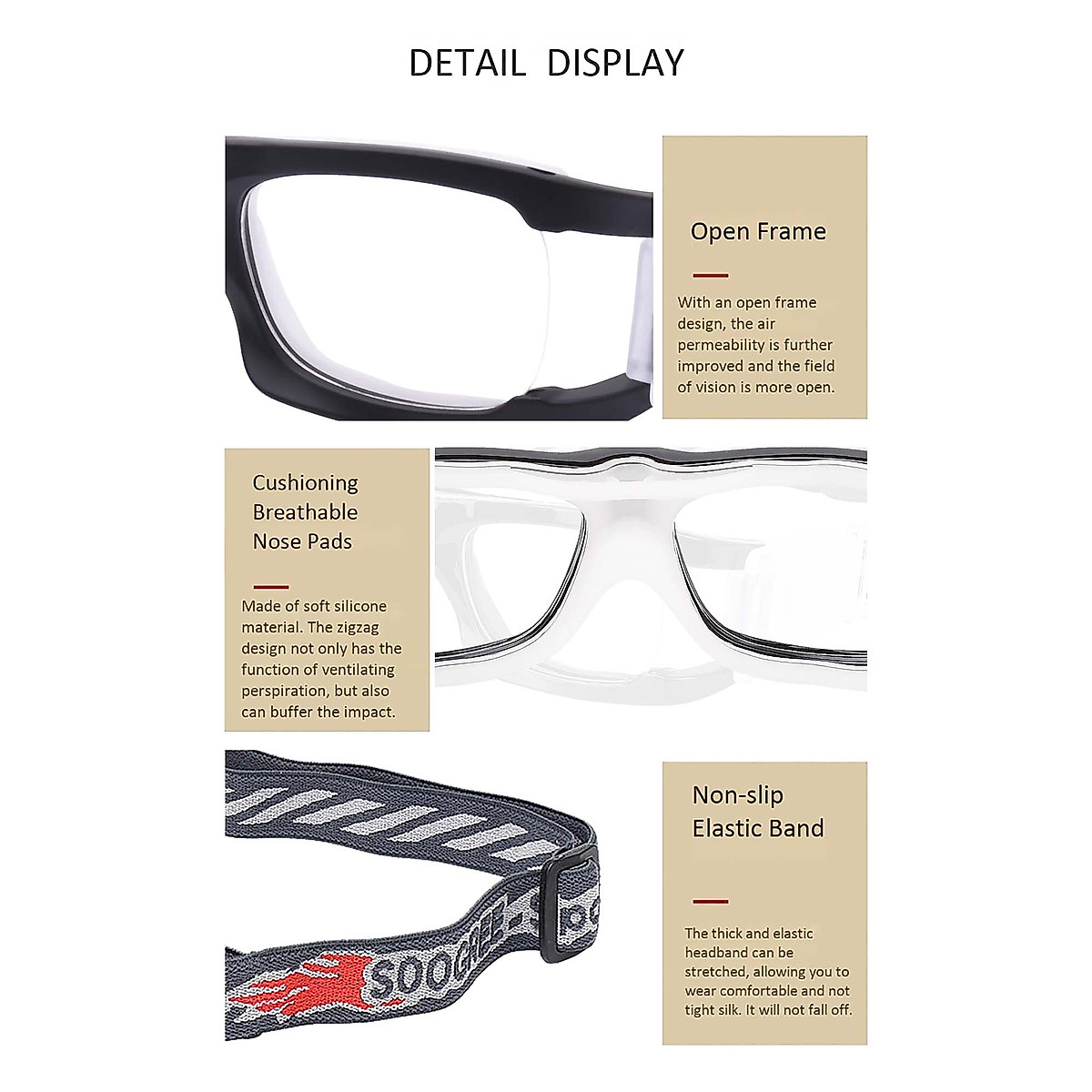 SooGree Basketball Goggles Anti Fog Protective Sports Goggles for Men (Matte black frame white pad)